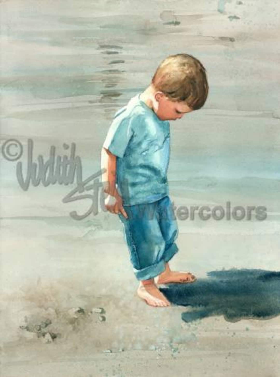 Beach Boy and His Shadow in the Sand, Seashore, Blue Shirt, Jeans ...