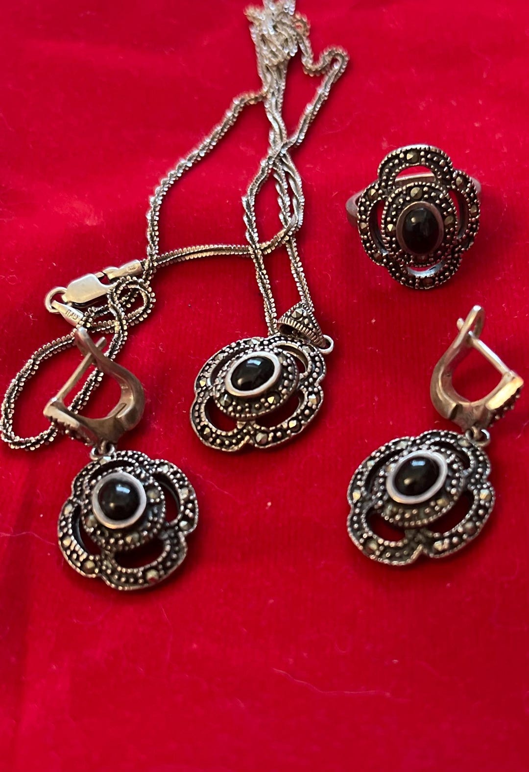 Vintage Solid Silver Jewelry Set, 925 Silver Earrings, Pendant and Ring ...