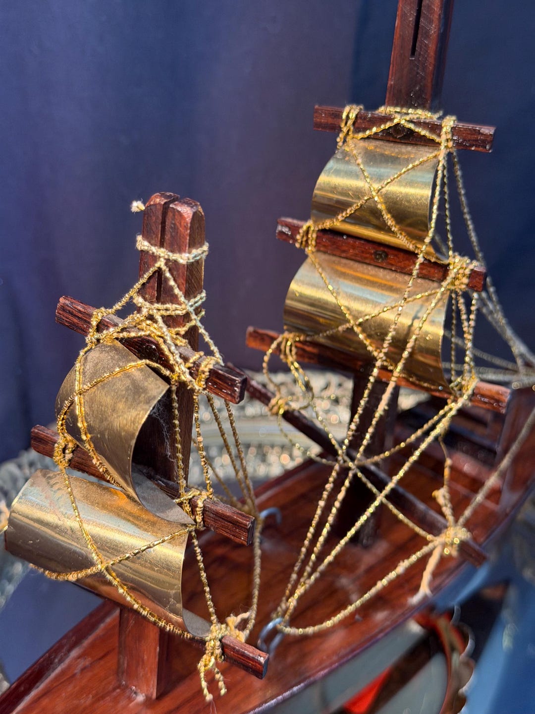 Vintage Wooden Ship Model – Brass Sails Nautical Decor Maritime Display ...