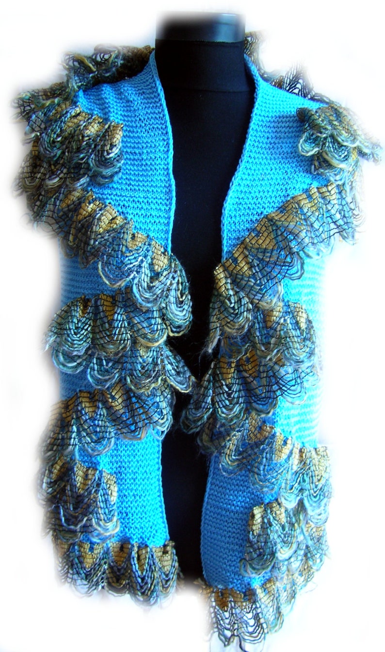 Curly Ruffle Blue sea Scarf. Original Design Cha | Etsy