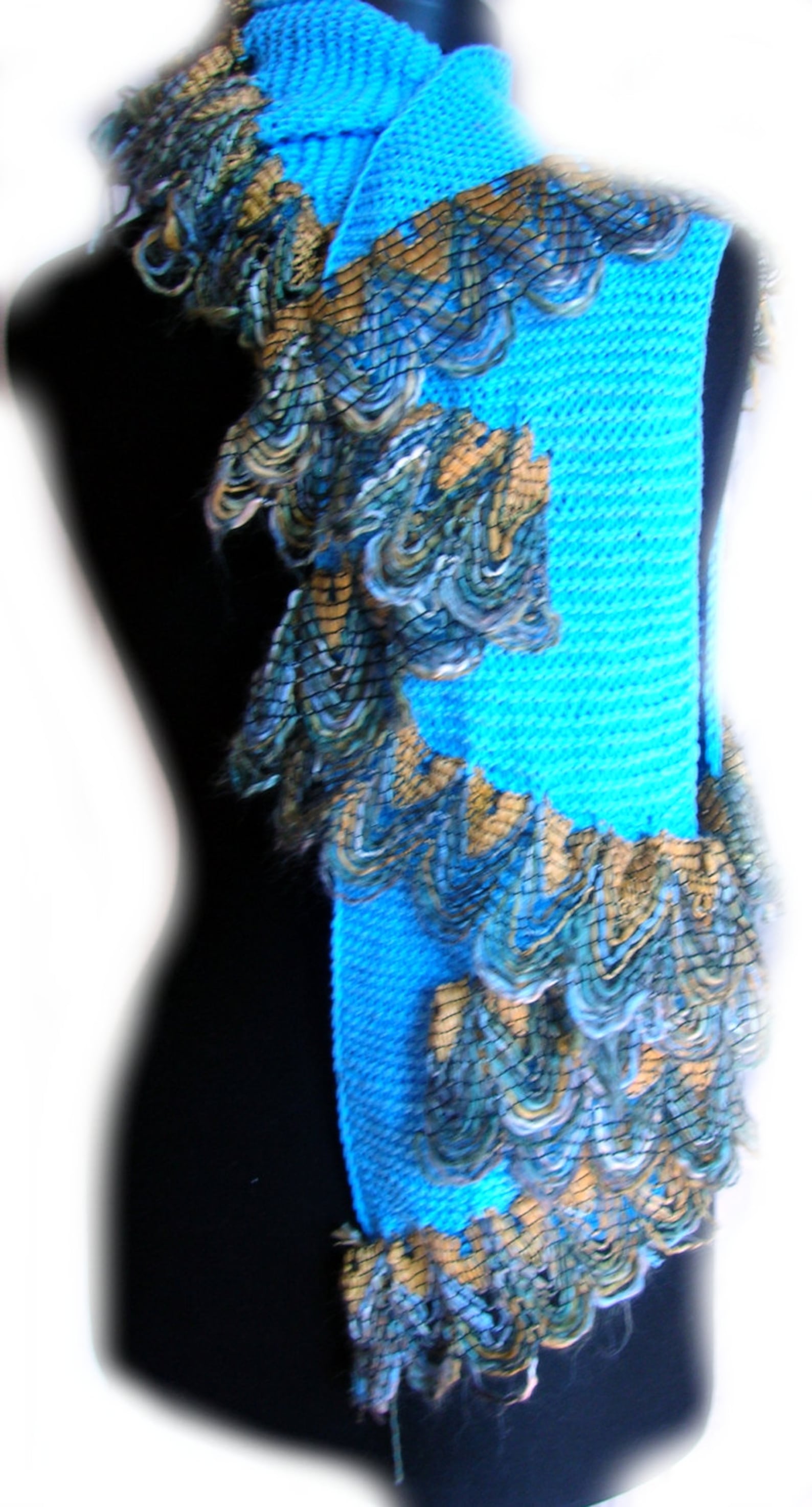 Curly Ruffle Blue sea Scarf. Original Design Cha | Etsy