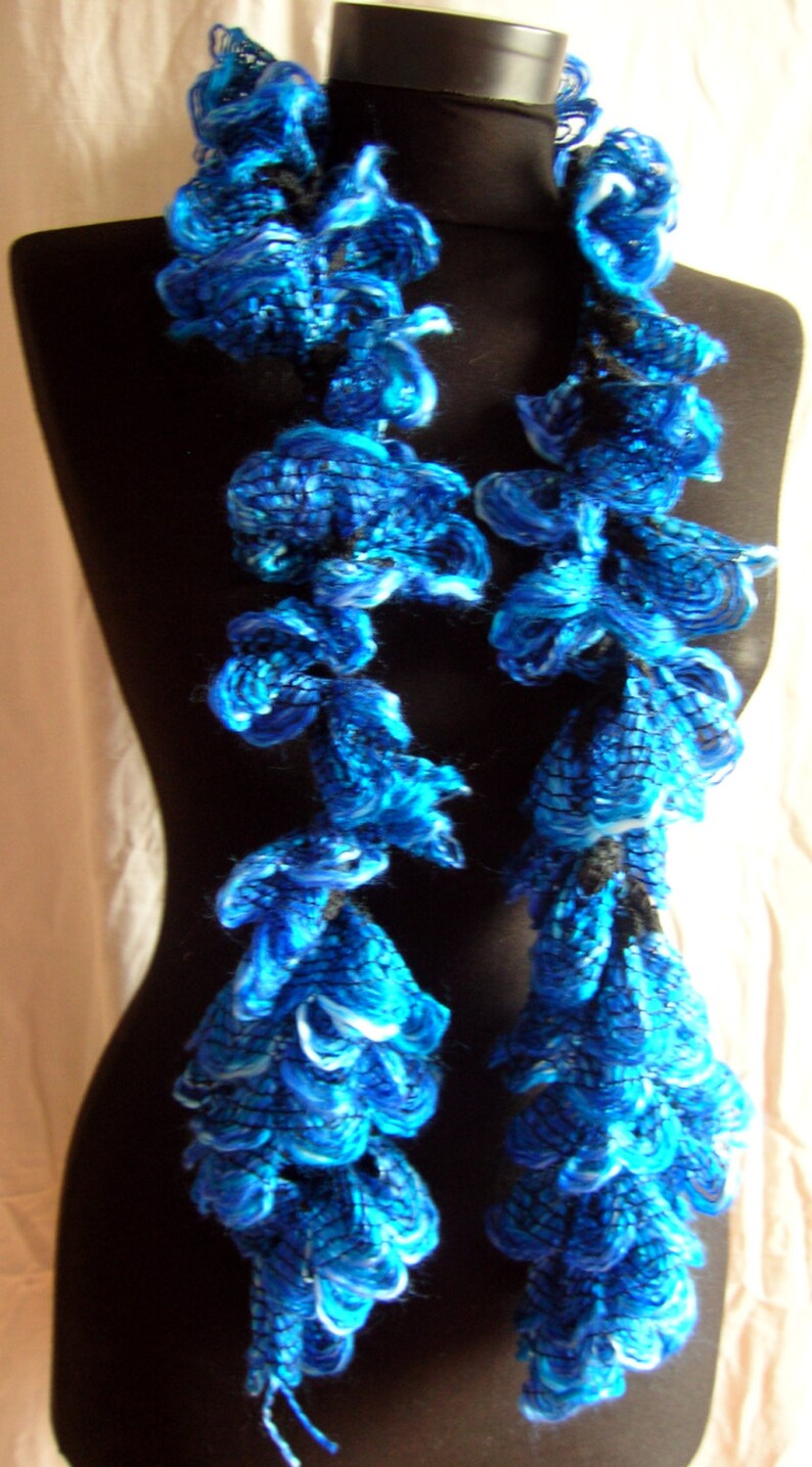 Crocheted Scarf in Blues. Ruffle Feather Fantasy. Cha Cha | Etsy