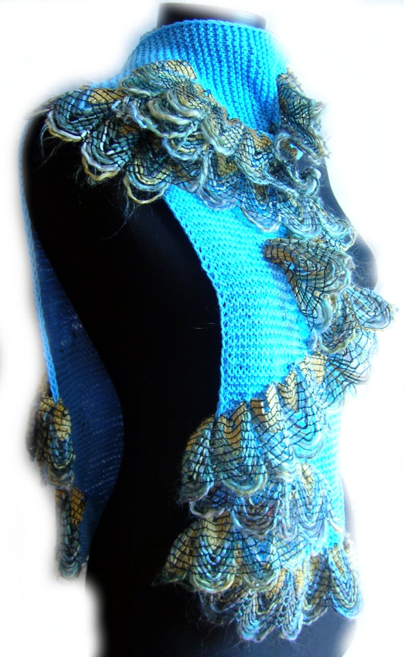 Curly Ruffle Blue sea Scarf. Original Design Cha | Etsy