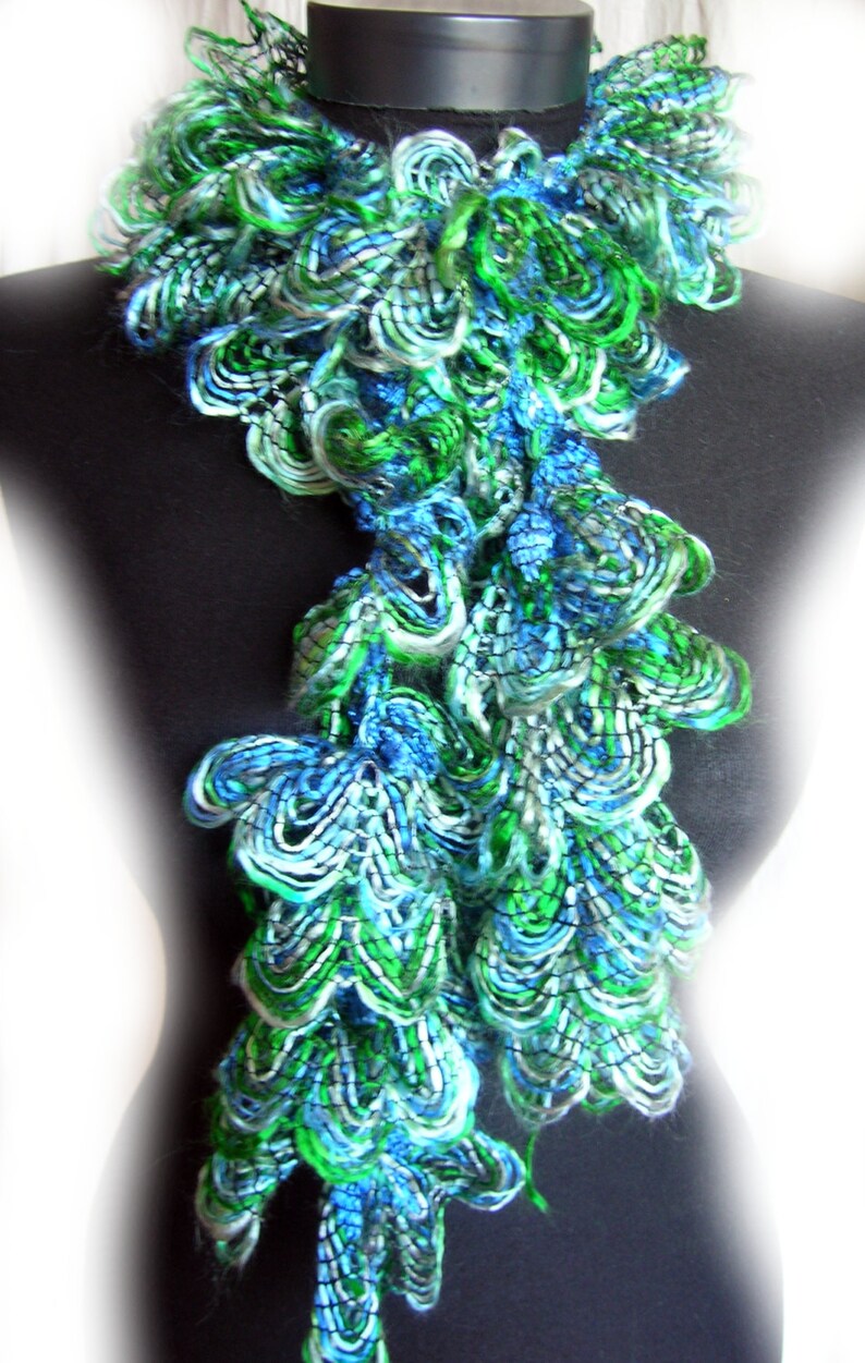 Crocheted Scarf in Blues and Greens. Ruffle Feather Fantasy. | Etsy