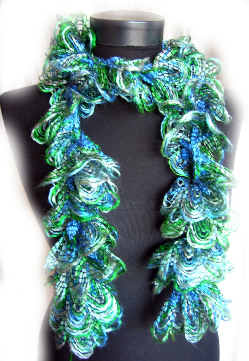Crocheted Scarf in Blues and Greens. Ruffle Feather Fantasy. | Etsy