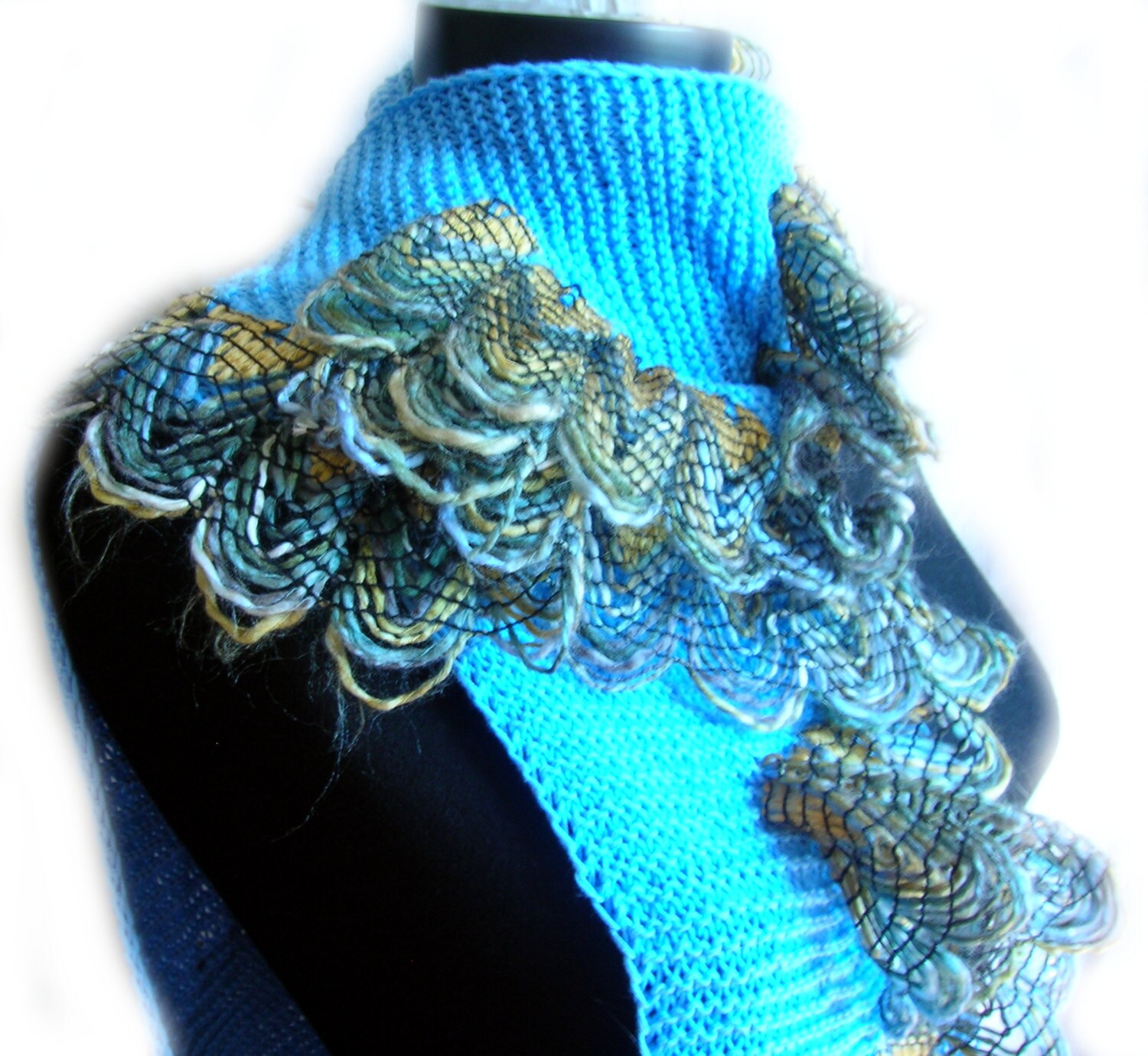 Curly Ruffle blue Sea Scarf. Original Design Cha - Etsy