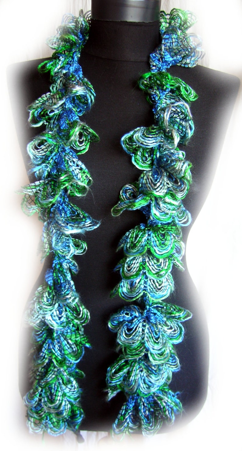 Crocheted Scarf in Blues and Greens. Ruffle Feather Fantasy. | Etsy