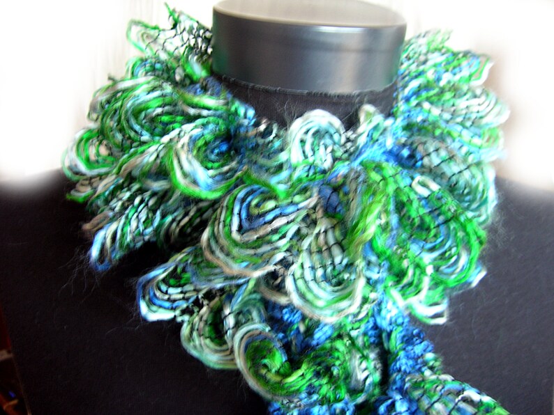 Crocheted Scarf in Blues and Greens. Ruffle Feather Fantasy. | Etsy