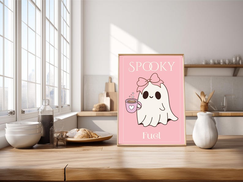 Spooky Fuel Wall Art, Cute Ghost Coffee Print, Pink Halloween Digital ...