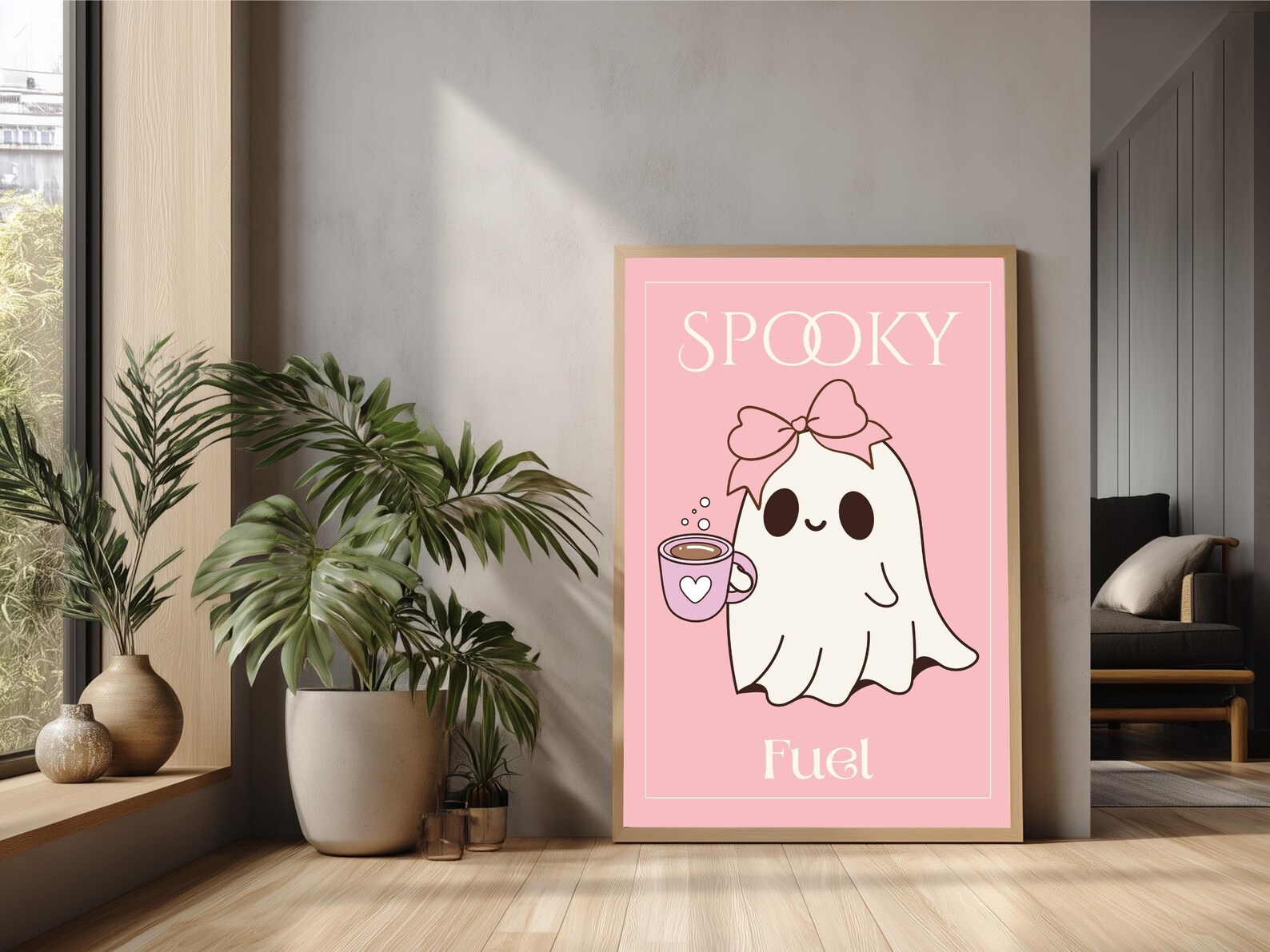 Spooky Fuel Wall Art, Cute Ghost Coffee Print, Pink Halloween Digital ...