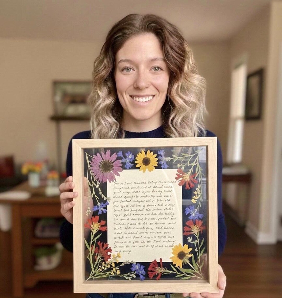 Calligraphy Wedding Vows Floating Glass Frame, Real Pressed Flowers ...