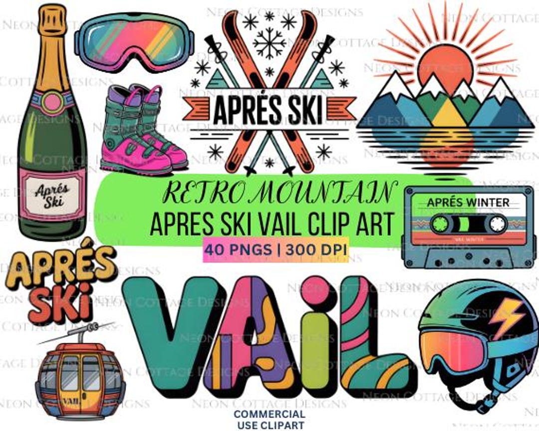 Retro Ski Clipart Digital Download Winter Graphic Mountain Design Neon ...