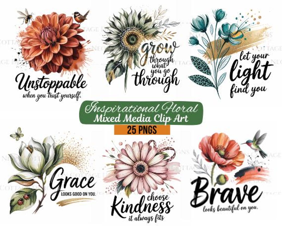Boho Floral Inspirational Quotes Floral Clip Art Bundle | 25 PNG ...