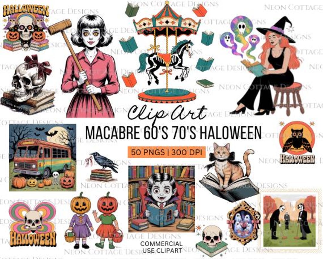 Vintage Halloween Clip Art Bundle for Invitations Stickers Crafts 60s ...