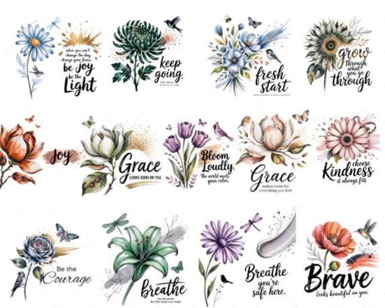 Boho Floral Inspirational Quotes Floral Clip Art Bundle | 25 PNG ...