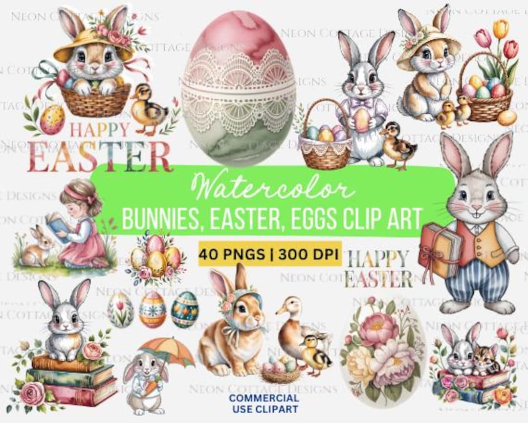 Easter Clip Art PNG Bundle (40) Watercolor | Cute Bunnies, Easter ...