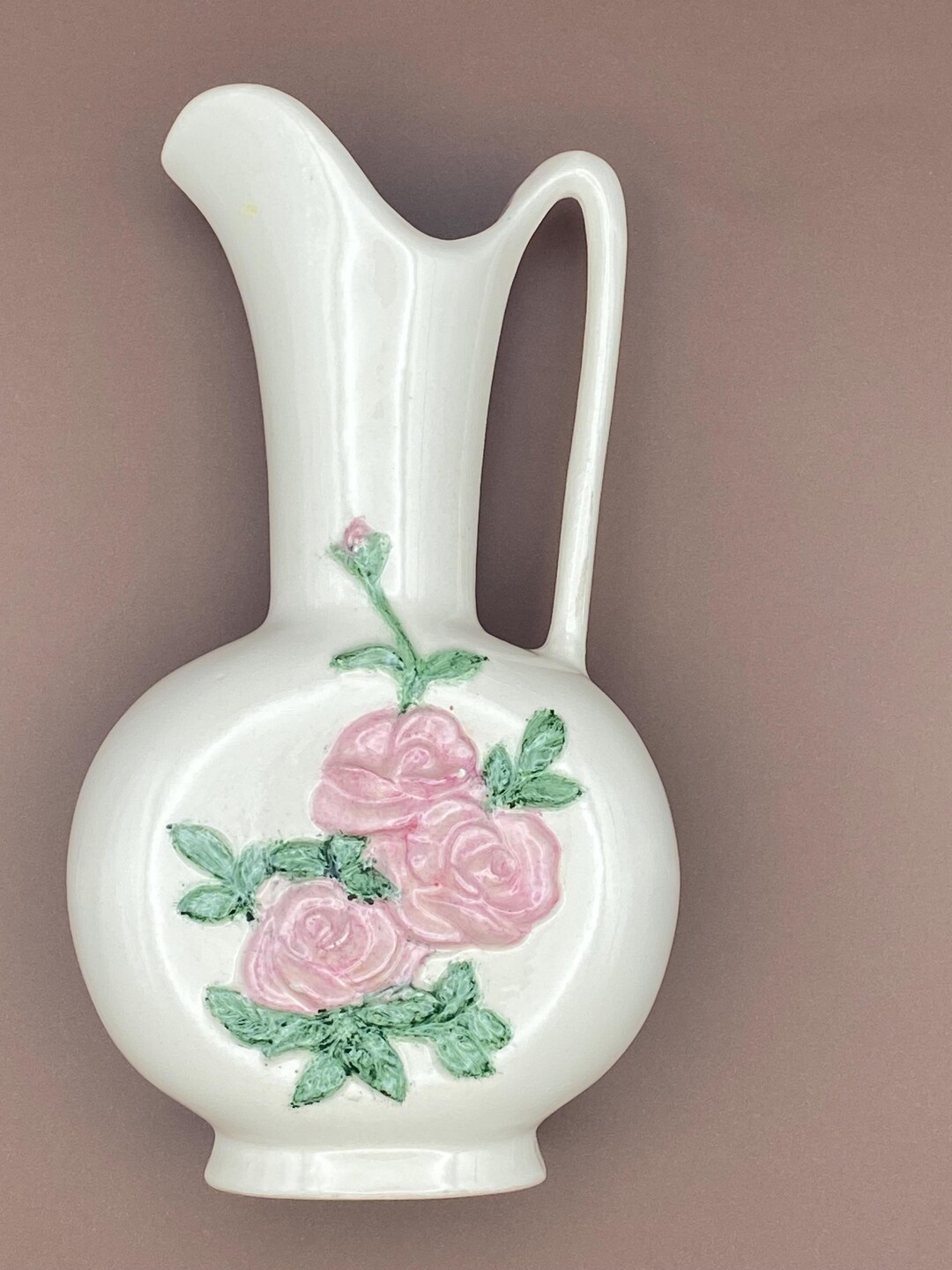 Vintage Art Pottery Pitcher Vase With Raised Pink Roses - Etsy