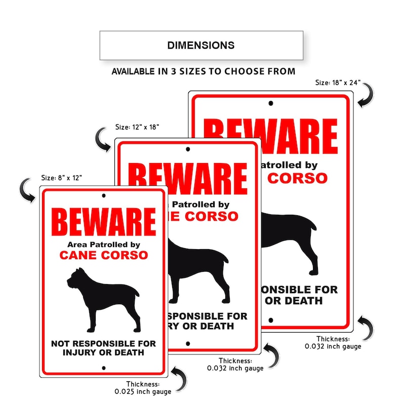 BEWARE Area Patrolled by Cane Corso Warning Aluminum Metal Security ...