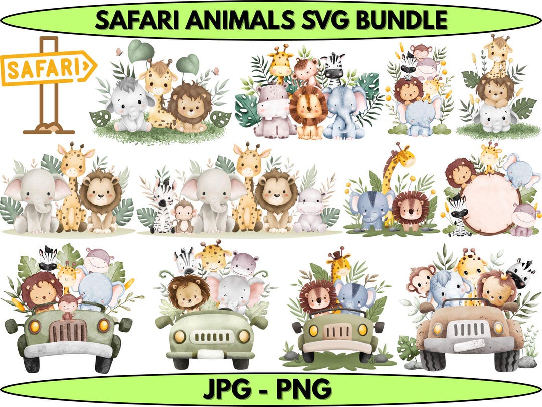Watercolor Safari Animals Clipart: Baby Shower PNG, JPG (digital ...