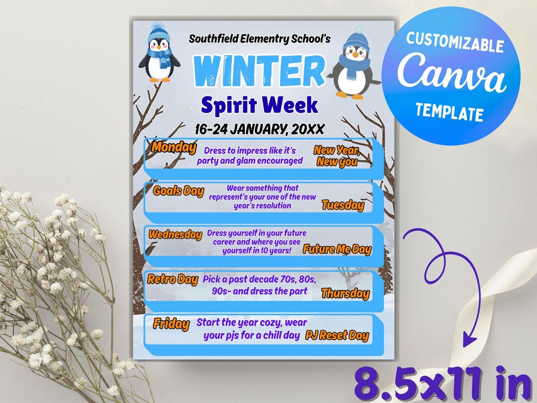 Editable Winter Spirit Week Flyer Template, School Spirit Schedule ...