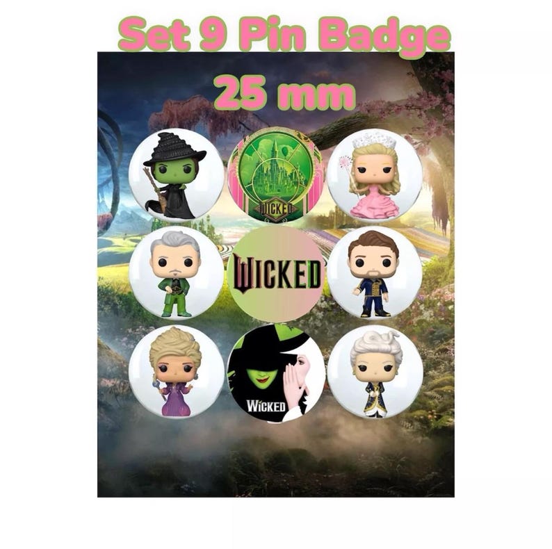 Wicked Musical Pin Badge Set – 9 Cartoon Characters - Logos – 25mm ...