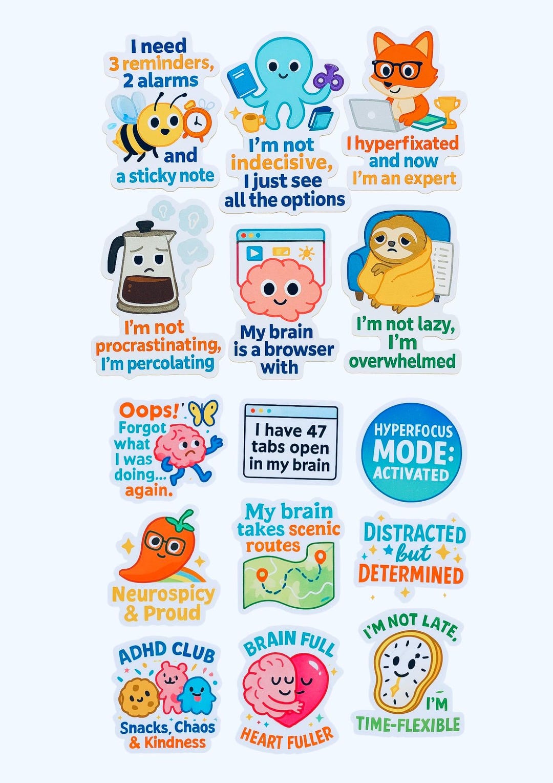 ADHD Sticker Pack | Funny Neurodivergent Quotes & Cute Characters ...