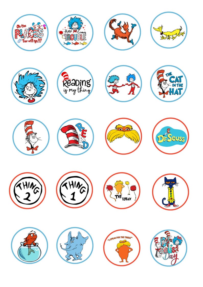 Dr. Seuss Stickers: Vinyl Waterproof Set, Party Cupcake Toppers - Etsy