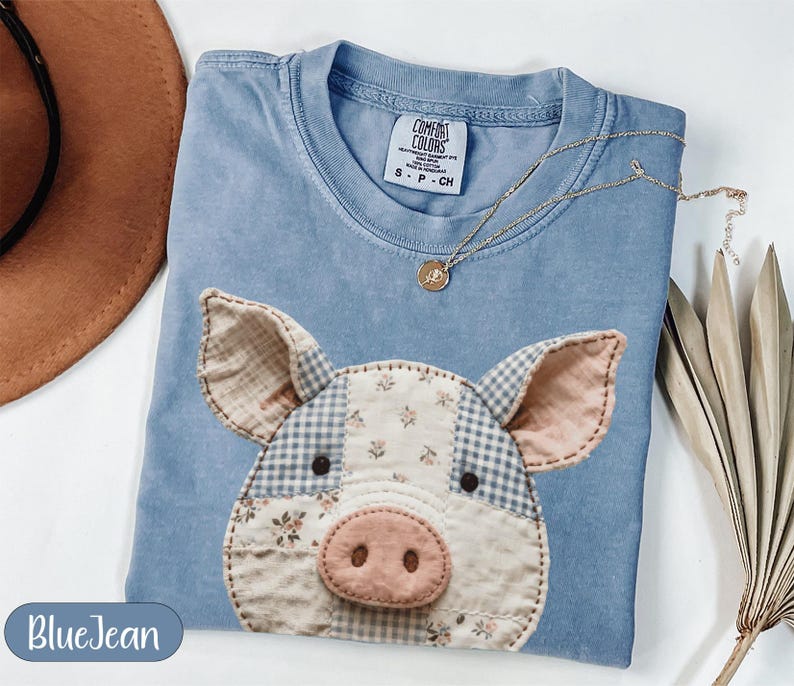 Faux Patchwork Pig T-shirt, Quilted Farm Animal Head Tee, Gingham ...