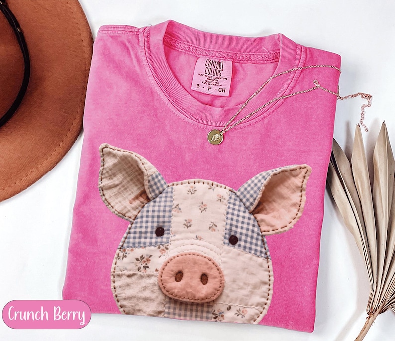 Faux Patchwork Pig T-shirt, Quilted Farm Animal Head Tee, Gingham ...