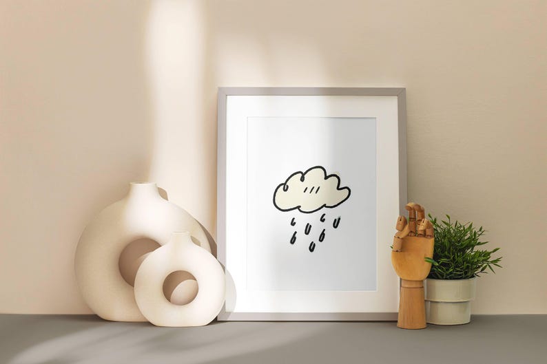Playful Rain Cloud, Minimalist Line Art, Nursery Decor, Kids Room Wall ...