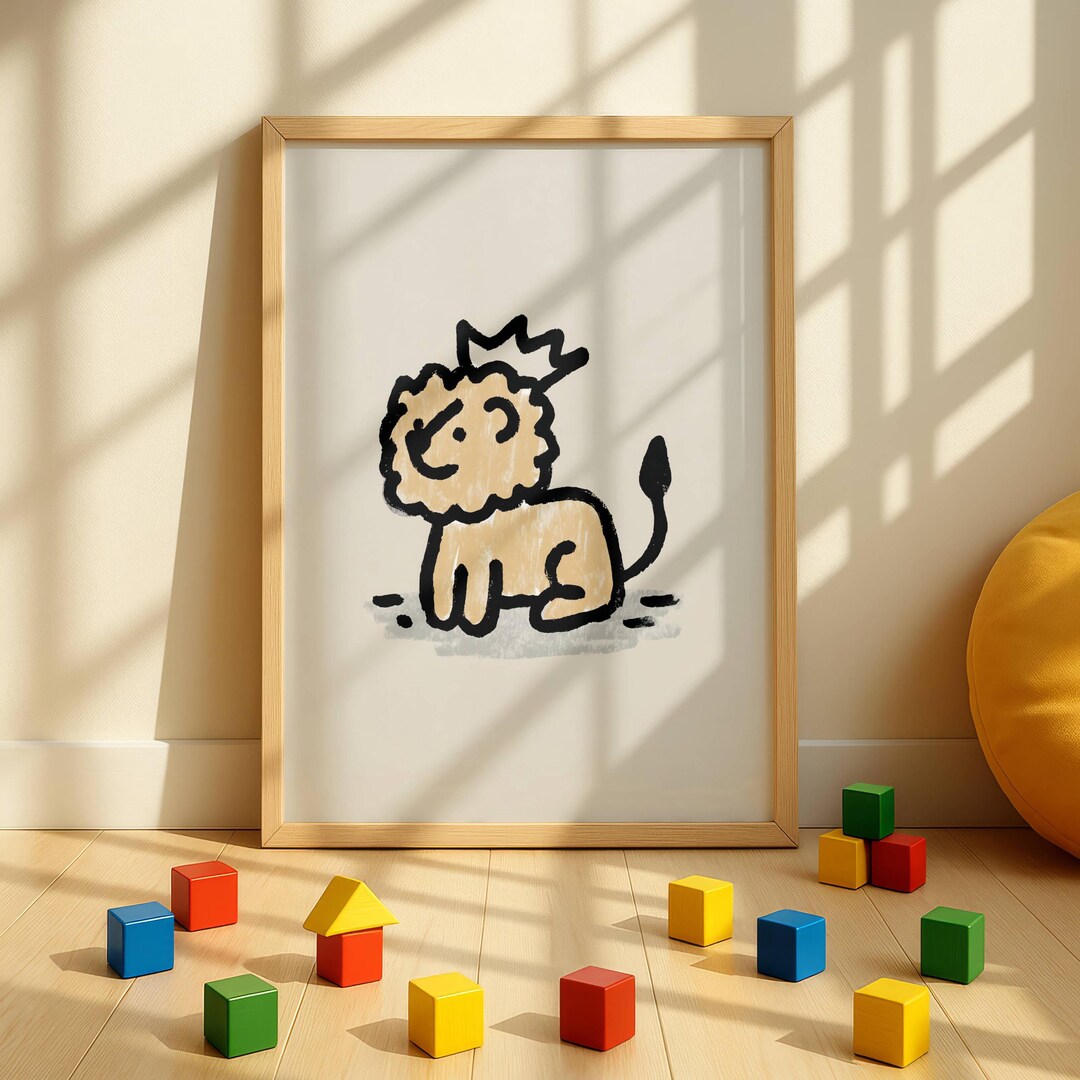 Playful Lion Sitting Poster Print – Minimalist Line Art Wall Art, Boho ...