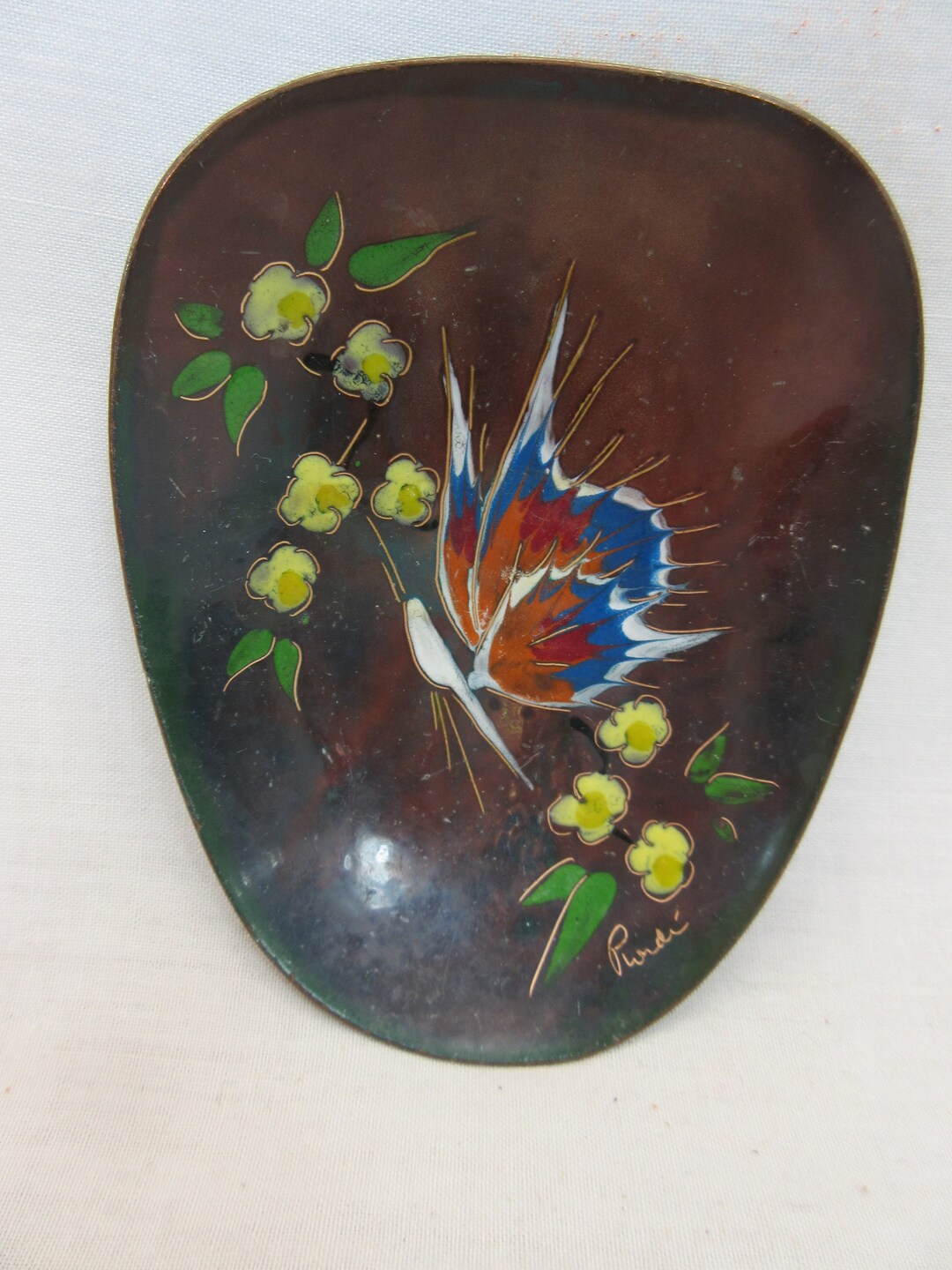 Vintage Signed Copper Enamel Butterfly Trinket Disk - Etsy
