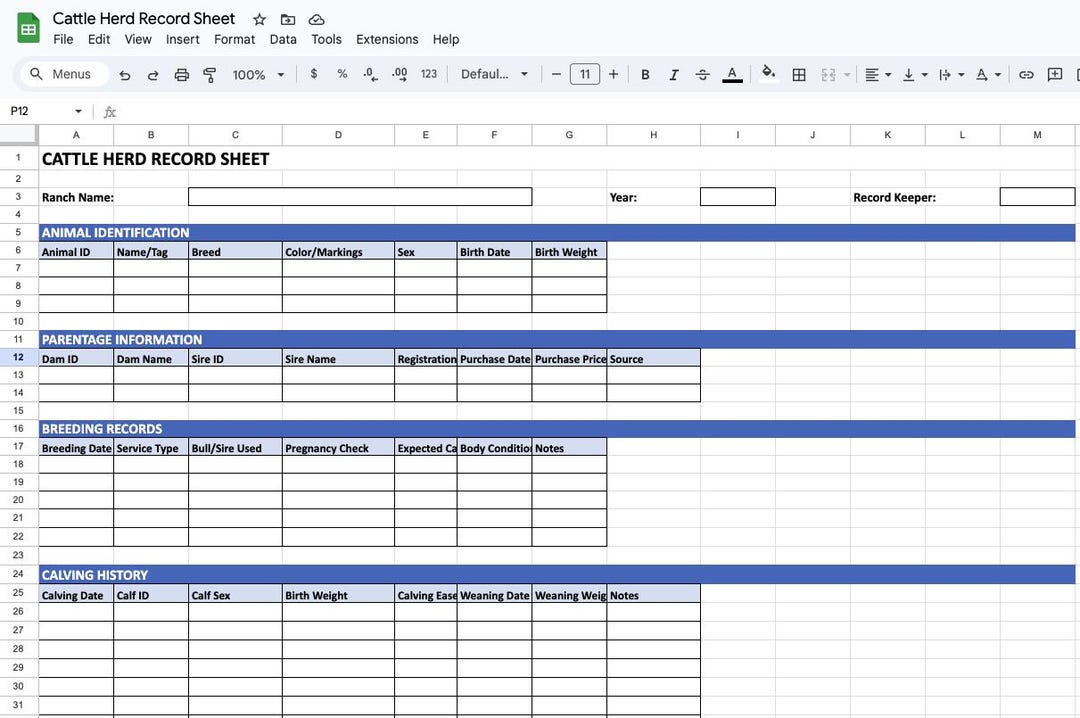 Cattle Herd Record Sheet: Livestock Management Tracker (excel, Google ...
