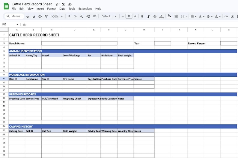 Cattle Herd Record Sheet: Livestock Management Tracker (excel, Google ...