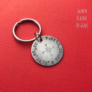 Custom Coordinates Keychain With Compass Rose- Hand Stamped Latitude ...