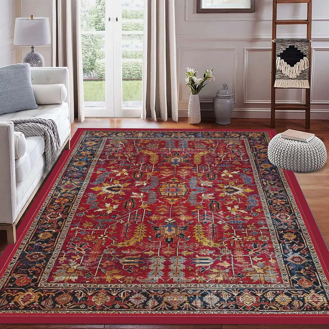 Oriental Red Floral Rug, Vintage Style Rug, Bohemian Area Rug ...