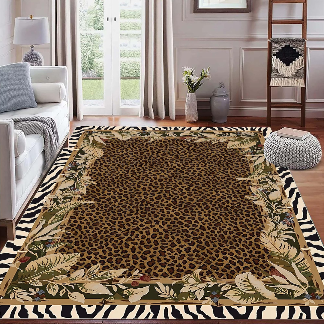 Leopard Print Rug With Botanical Border and Zebra Frame – Safari Style ...