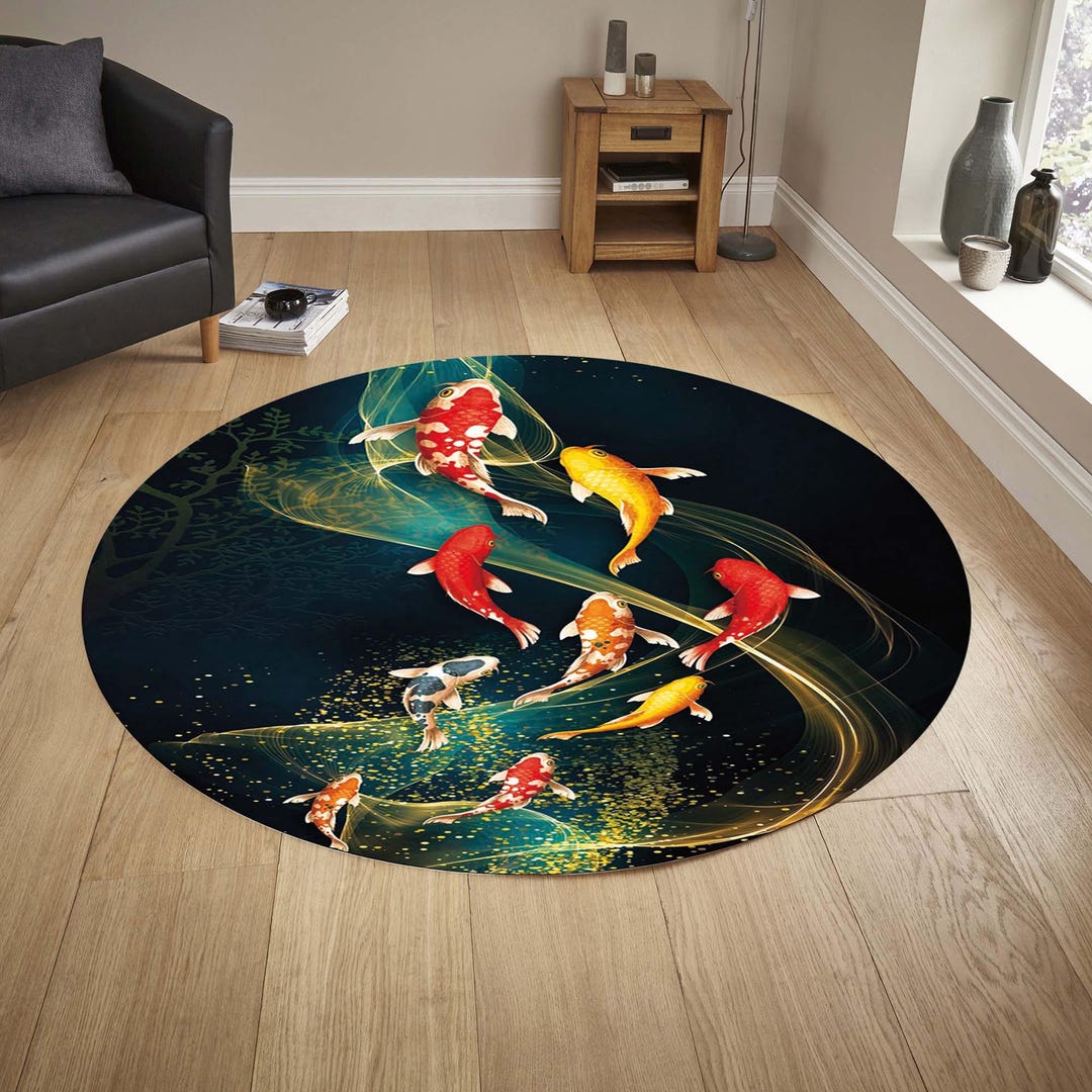 Round Koi Fish Rug, Colorful Carp Pattern Carpet, Japanese Style Art ...