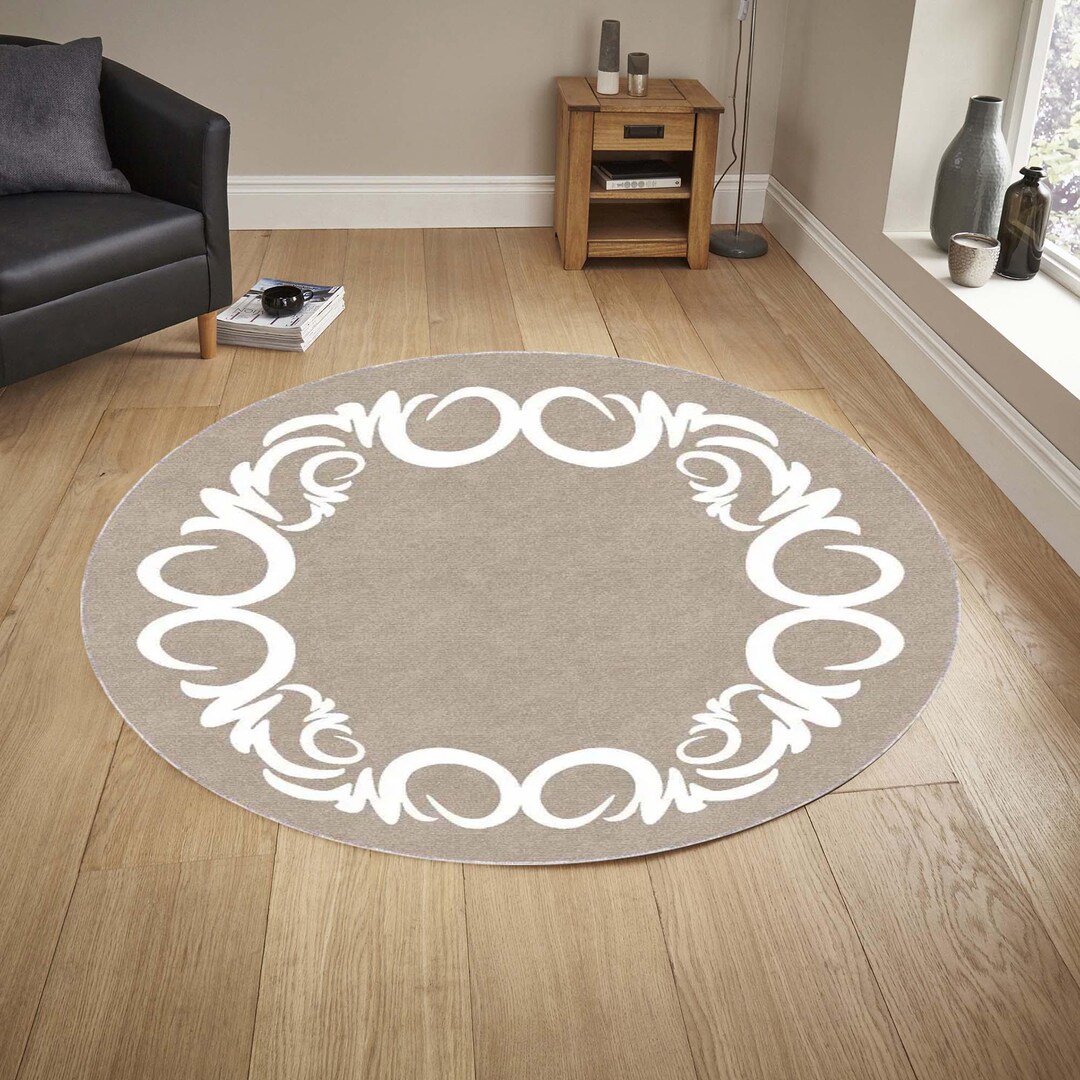 Round Area Rug, Beige Elegant Rug, Classic Border Rug, Ornamental Frame ...