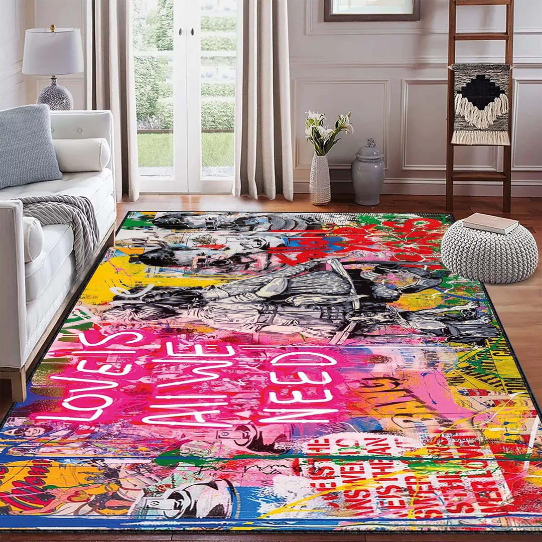 Rug With Pop Art Graffiti Design, Bold Colors, Neon Typography, Modern ...
