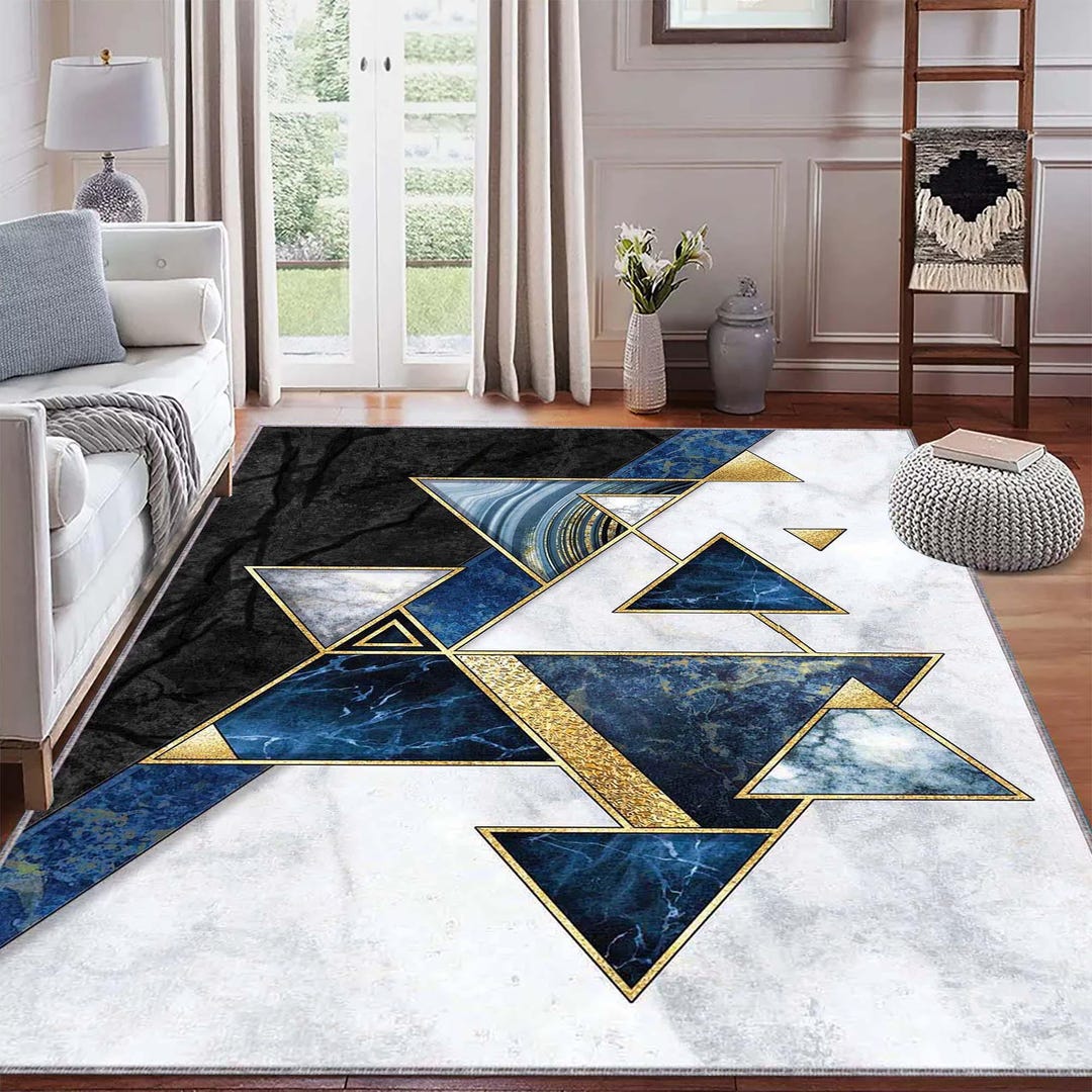 Blue Gold Geometric Rug, Modern Triangle Marble Carpet, Abstract Luxury ...