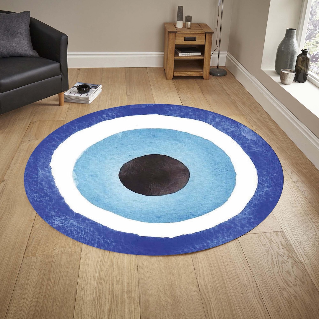 Round Evil Eye Rug, Blue Nazar Design Modern Mandala Mat, Circular ...