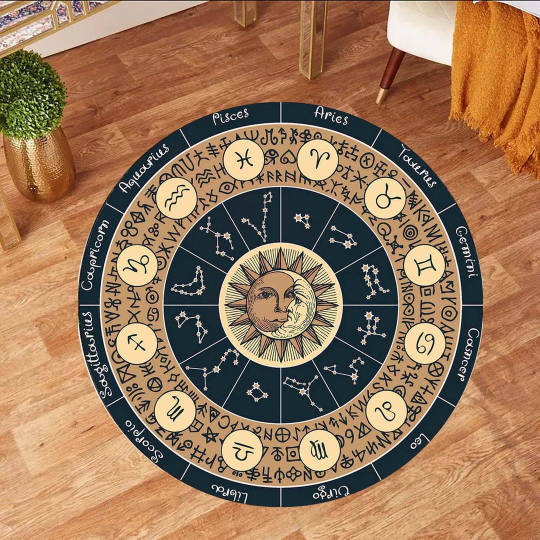 Round Zodiac Astrology Rug, Sun and Moon Celestial Carpet, Mystical ...