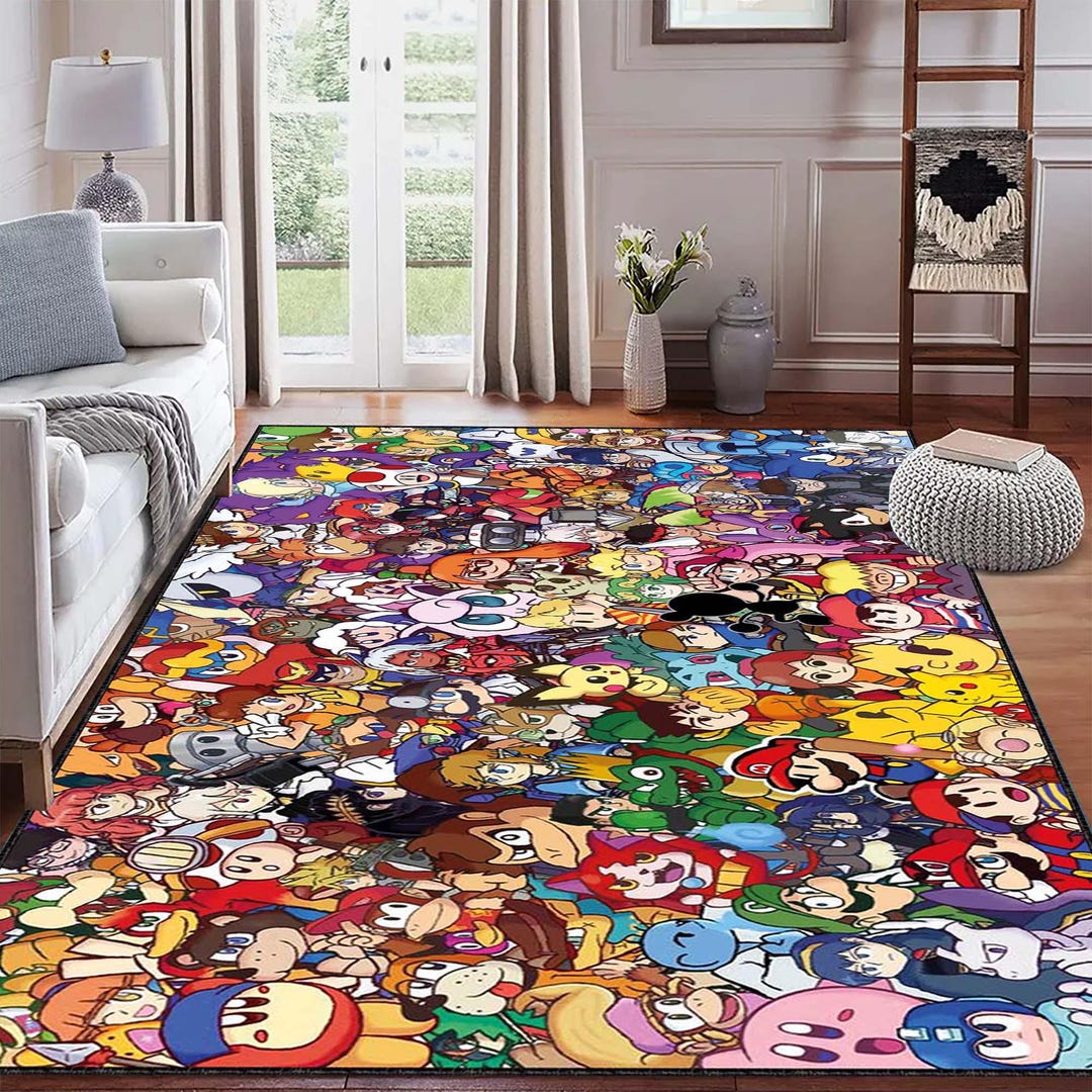 Gaming Character Rug, Colorful Cartoon Collage Area Rug, Pop Culture ...