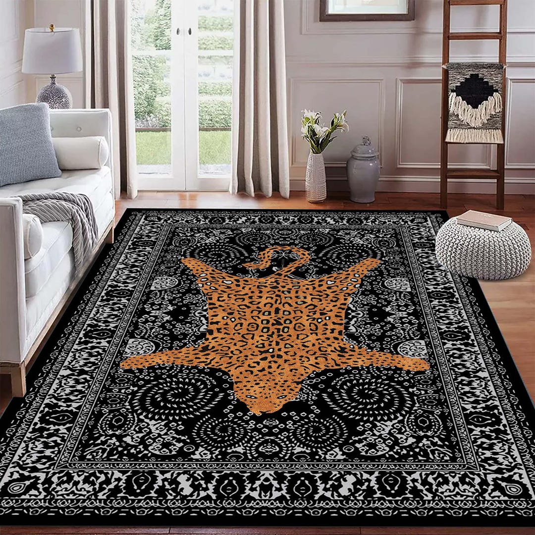 Leopard Print Area Rug, Modern Boho Bandana Pattern, Dark Gray and ...