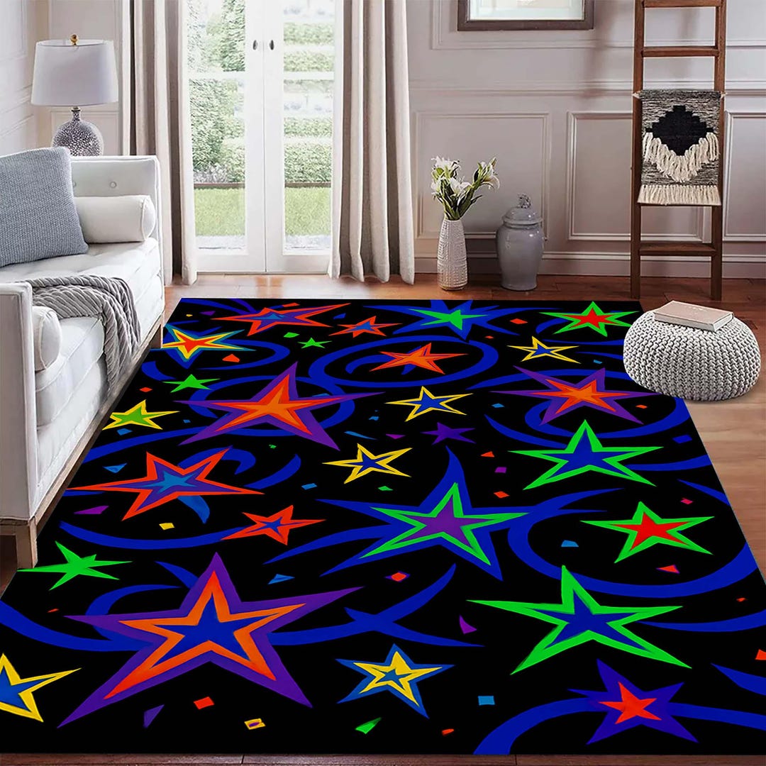 Colorful Star Rug, Neon Galaxy Carpet, Modern Cosmic Area Rug, Black ...