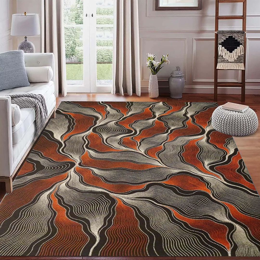 Abstract Wave Rug, Modern Boho Rug, Brown Beige Orange Area Rug, Ethnic ...