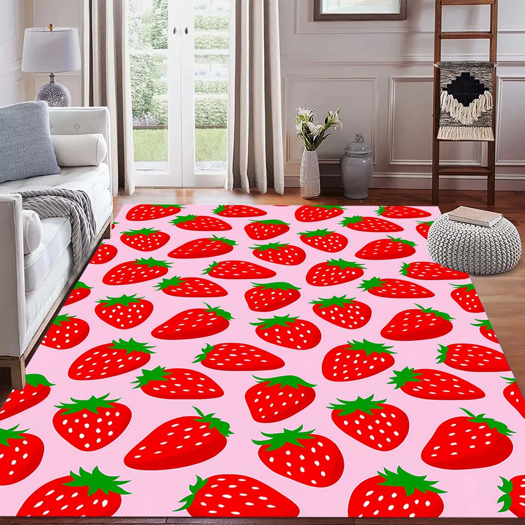 Strawberry Pattern Rug, Cute Fruit Carpet, Pink Red Green Colors, Sweet ...