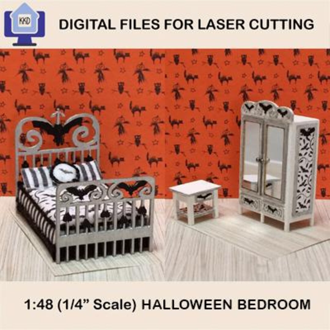 1:48 Scale (1/4" Scale) Miniature Halloween Bedroom Set, Laser Cut ...