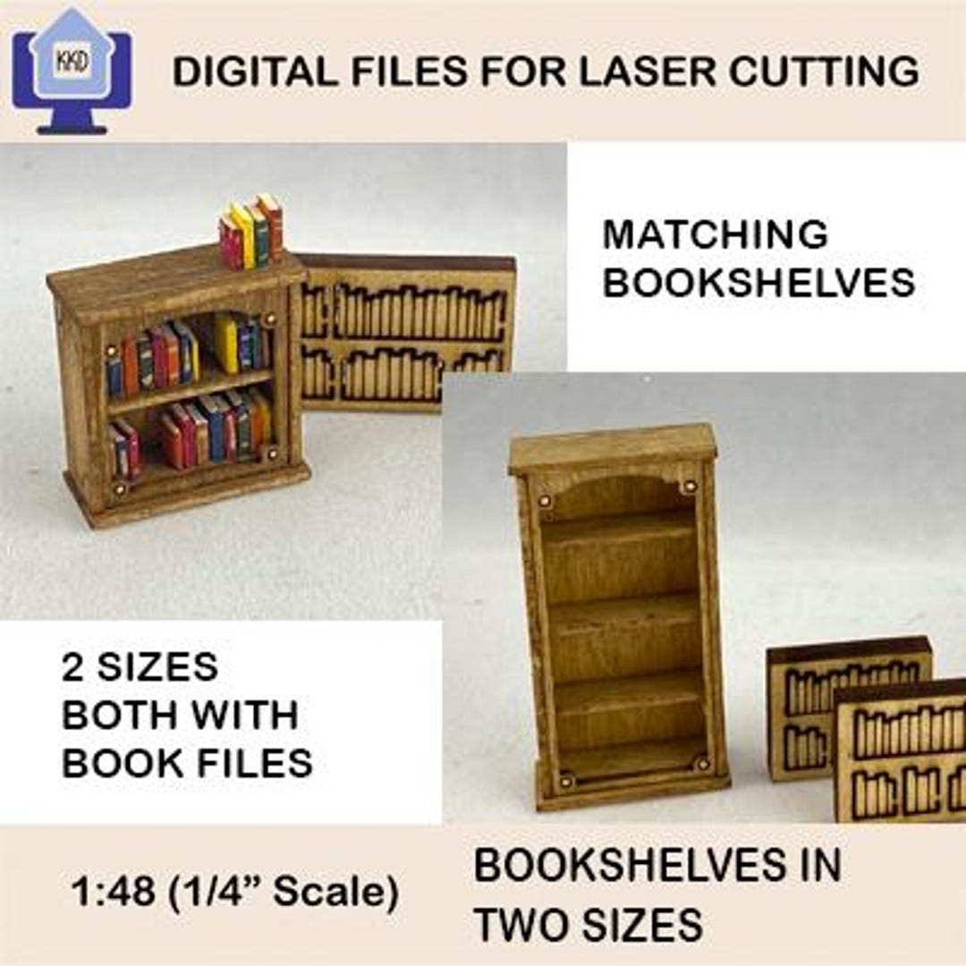 1:48 Scale (1/4" Scale) Bookshelves With Books in 2 Heights, Laser Cut ...